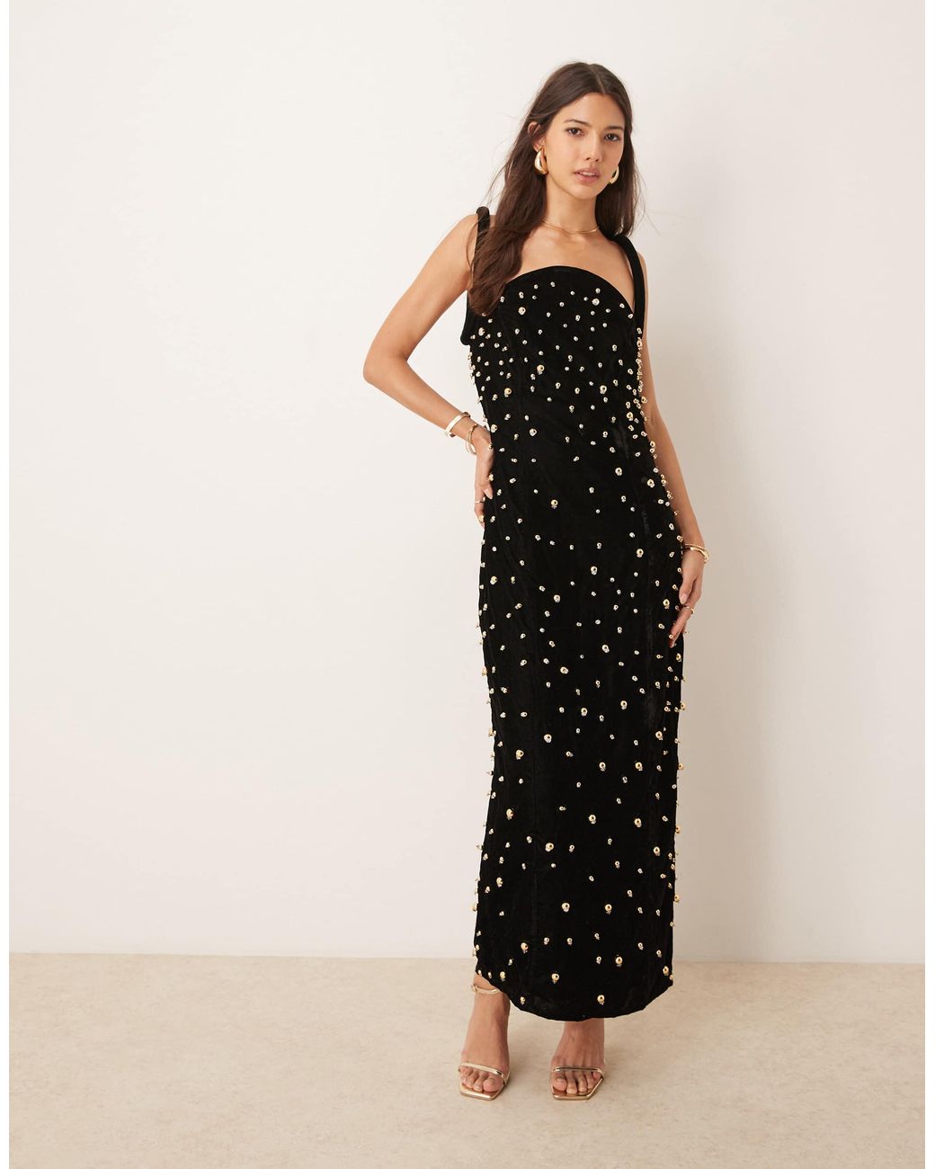 ASOS Embellished Velvet Midi Dress With Bead Detail in Black | Lyst