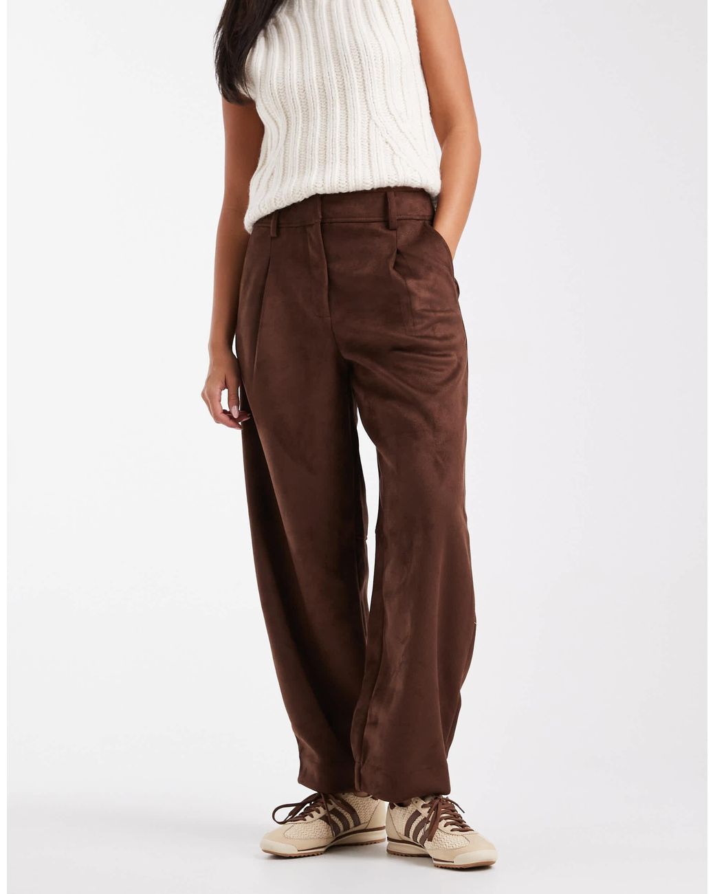 ASOS Suedette Barrel Leg Pants in Brown | Lyst