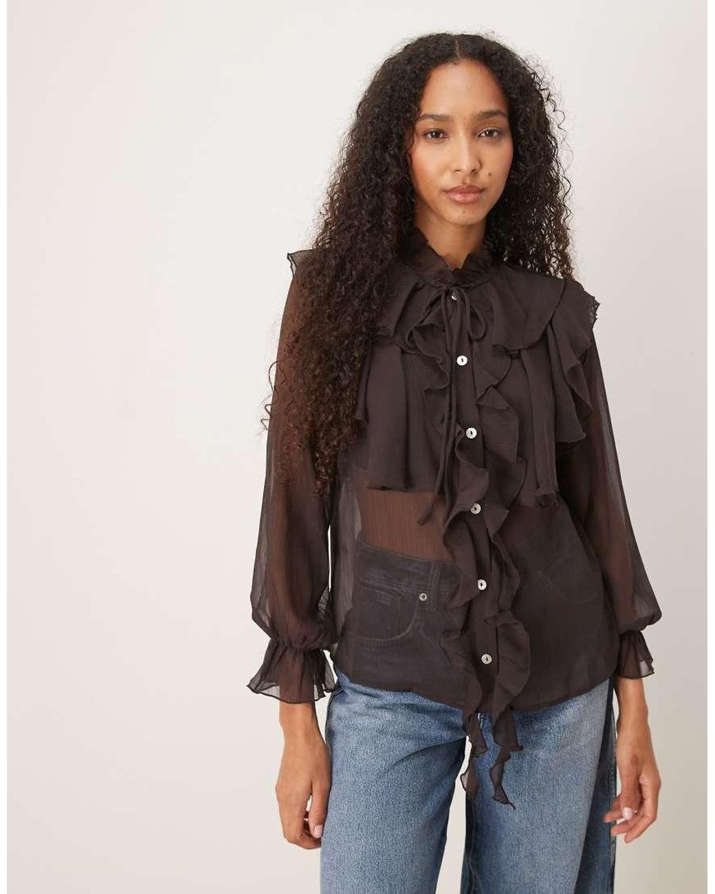 Glamorous Button Up Tie Front Ruffle Blouse in Brown | Lyst UK