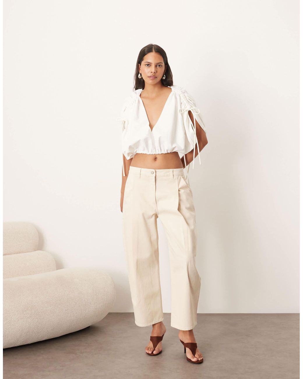 ARRANGE Plunge Top With Ruched Detail in White | Lyst