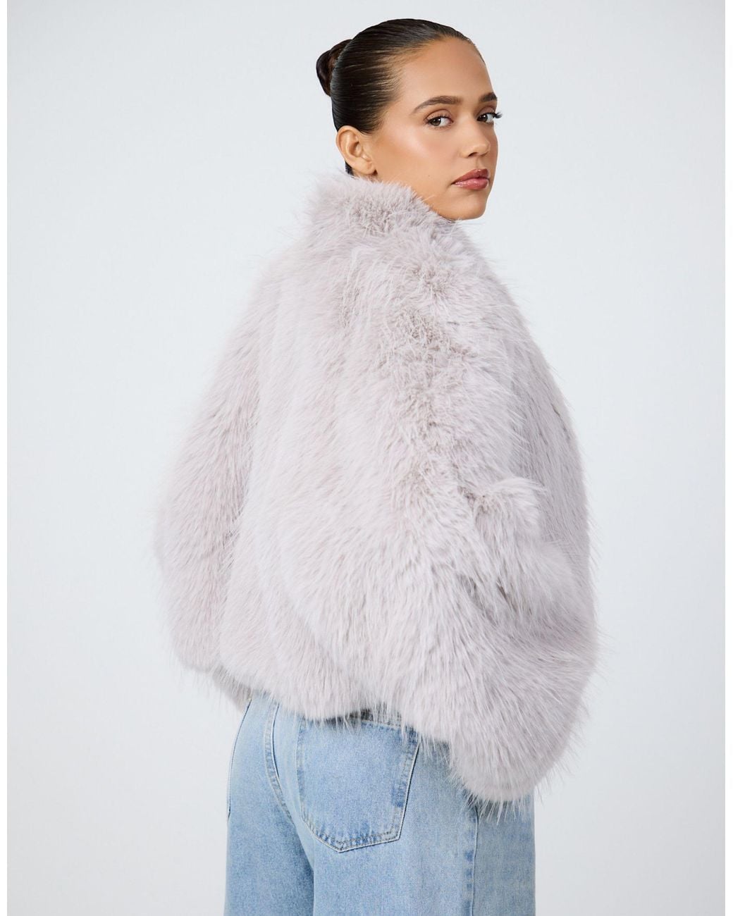Aria Cove Mongolian Faux Fur Wide Sleeve Cropped Jacket in Pink | Lyst