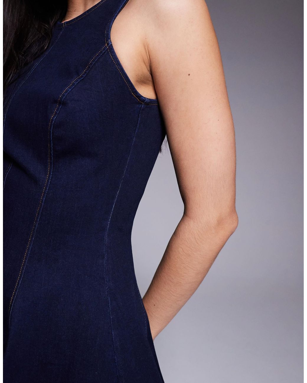 Bardot Palmer Denim Racer Neck Seam Detail Fit And Flare Full Skirt ...