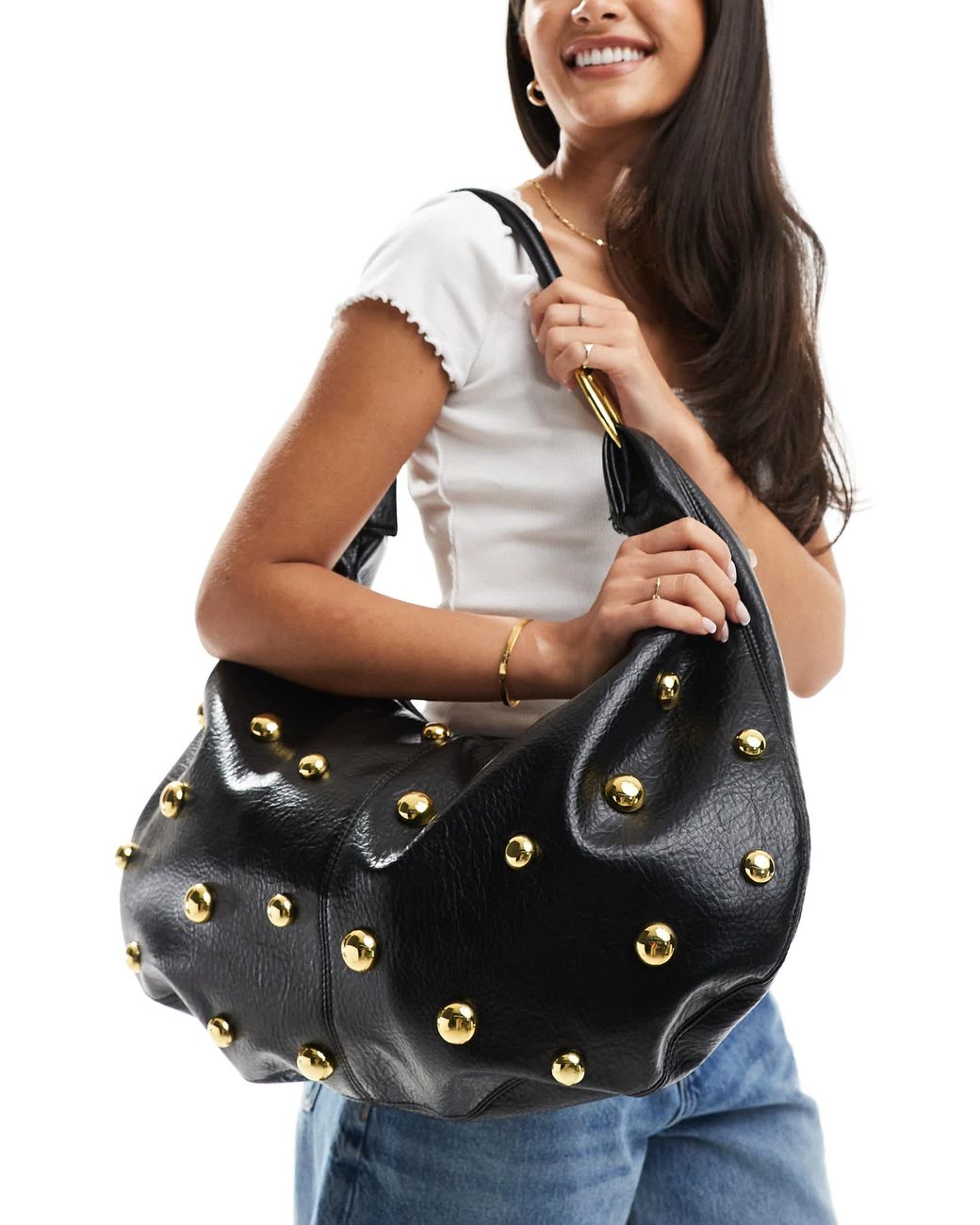 ASOS Curved Tote Bag With Stud Detail And Ring Hardware in Black | Lyst