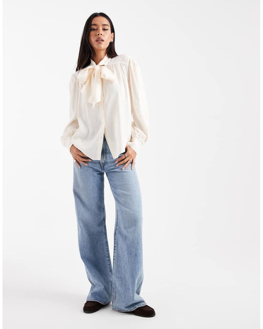 ASOS Tie Front Blouson Blouse in White | Lyst UK