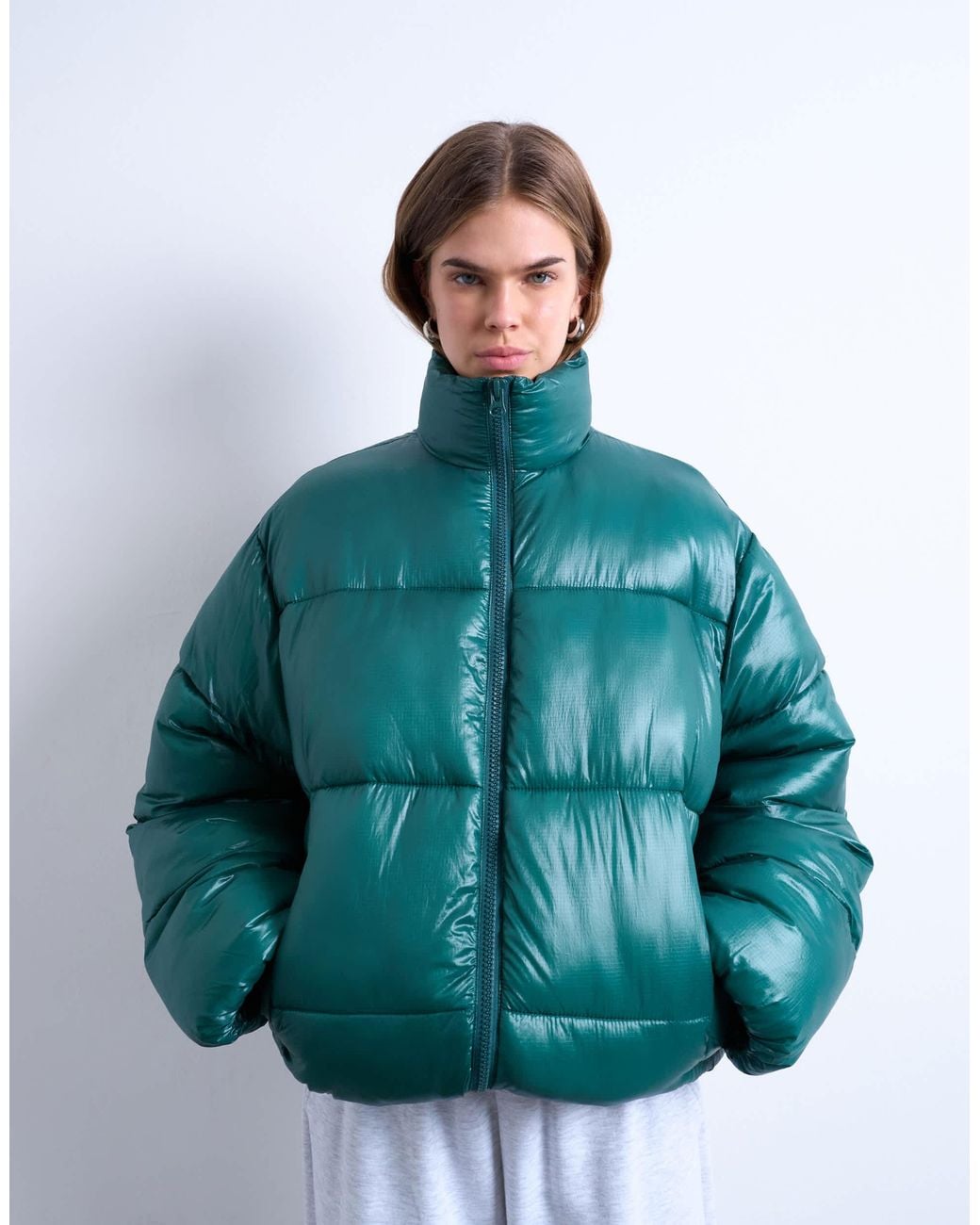 TOPSHOP High Shine Mid Length Puffer Jacket in Green | Lyst