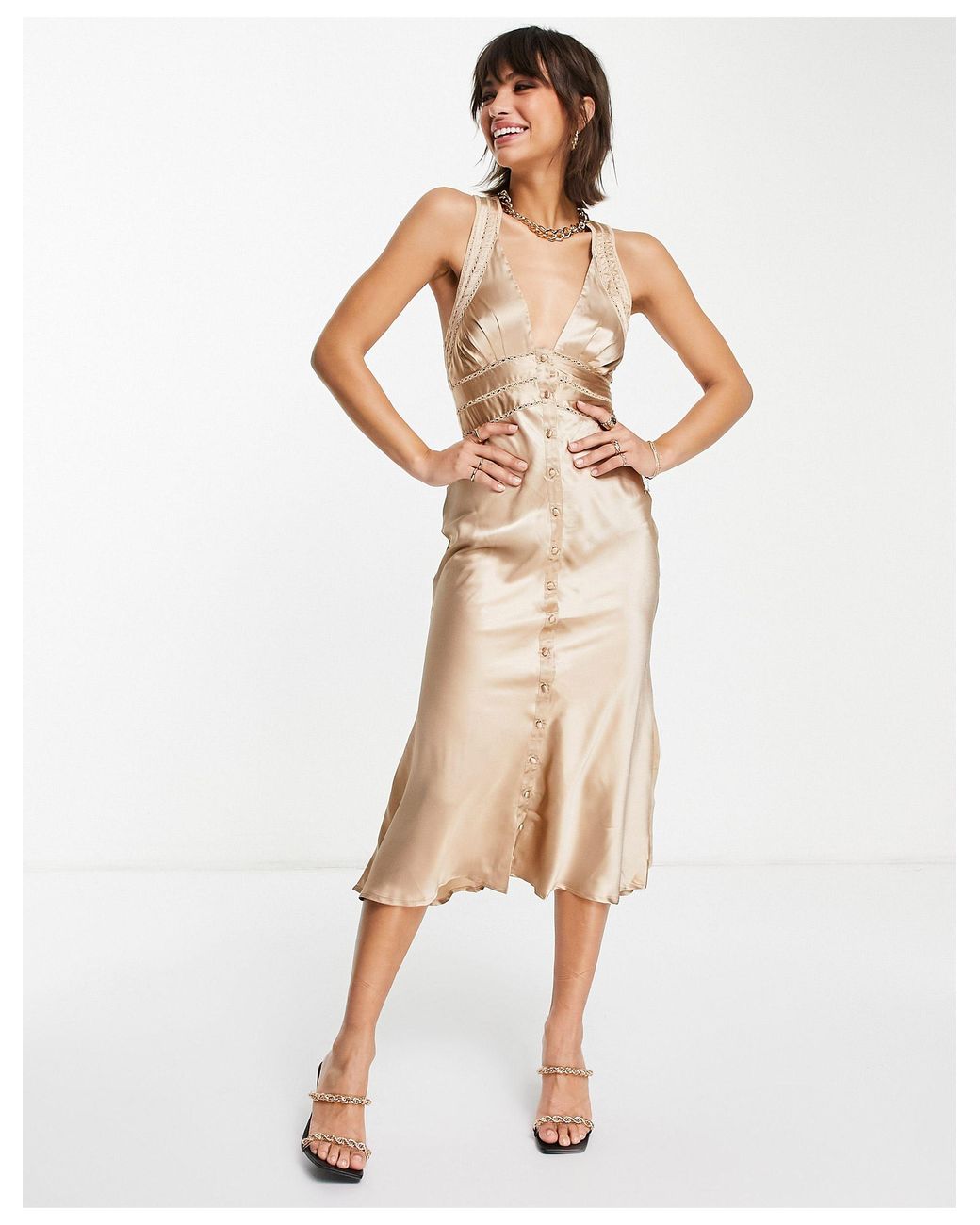 Asos Design Satin Midi Dress With Button Front And Lace Insert In Olive