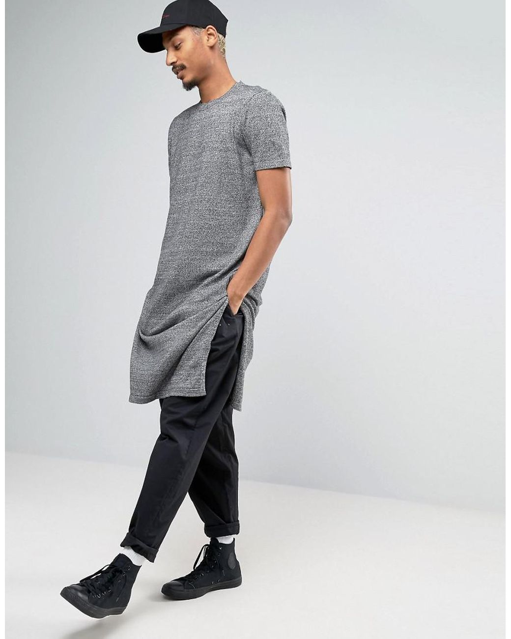 Asos Super Longline Knitted T Shirt With Extra Long Side Splits In Gray