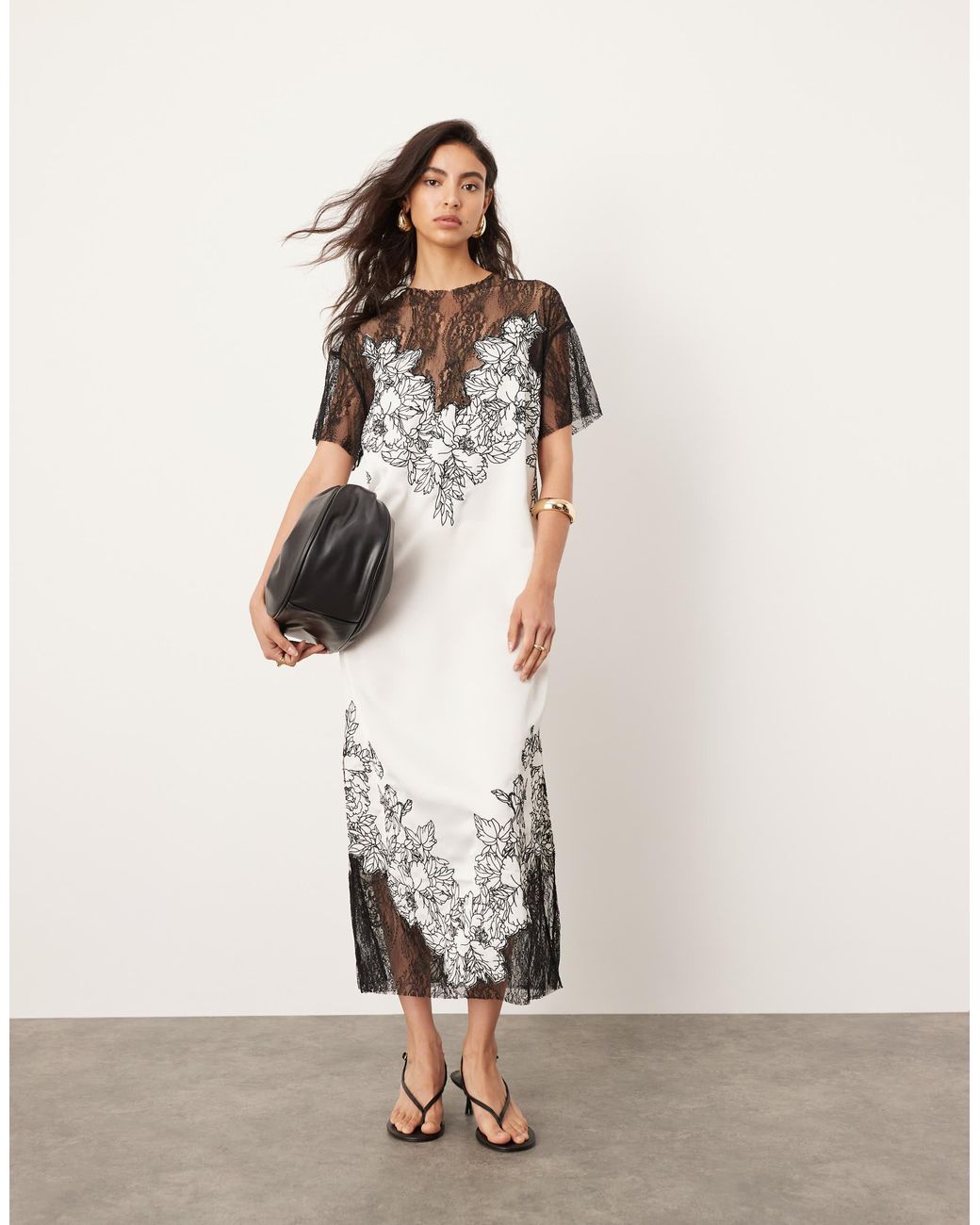 ASOS Satin And Contrast Lace Applique Embroidered Column Midi Dress in ...