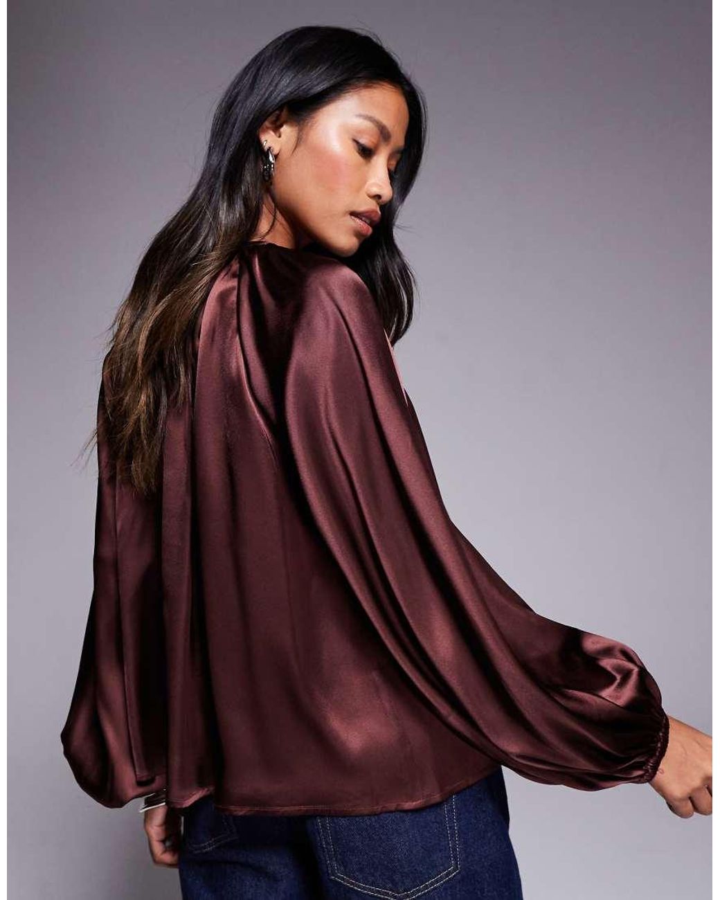 ASOS Volume Sleeve Satin Blouse in Brown | Lyst UK