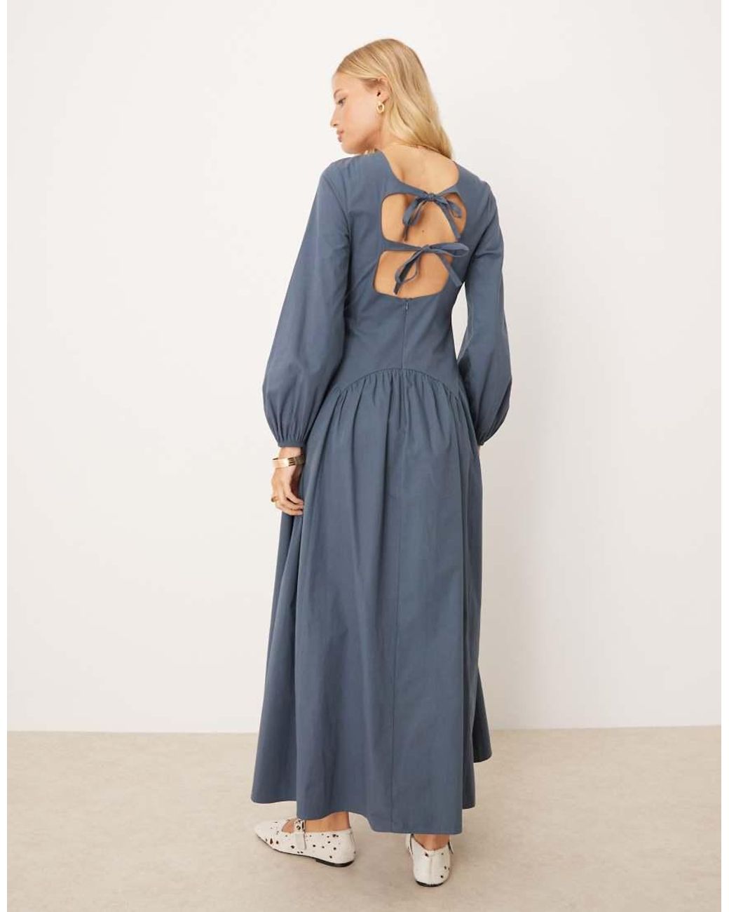 ASOS Long Sleeve Tie Back Maxi Dress in Blue | Lyst UK