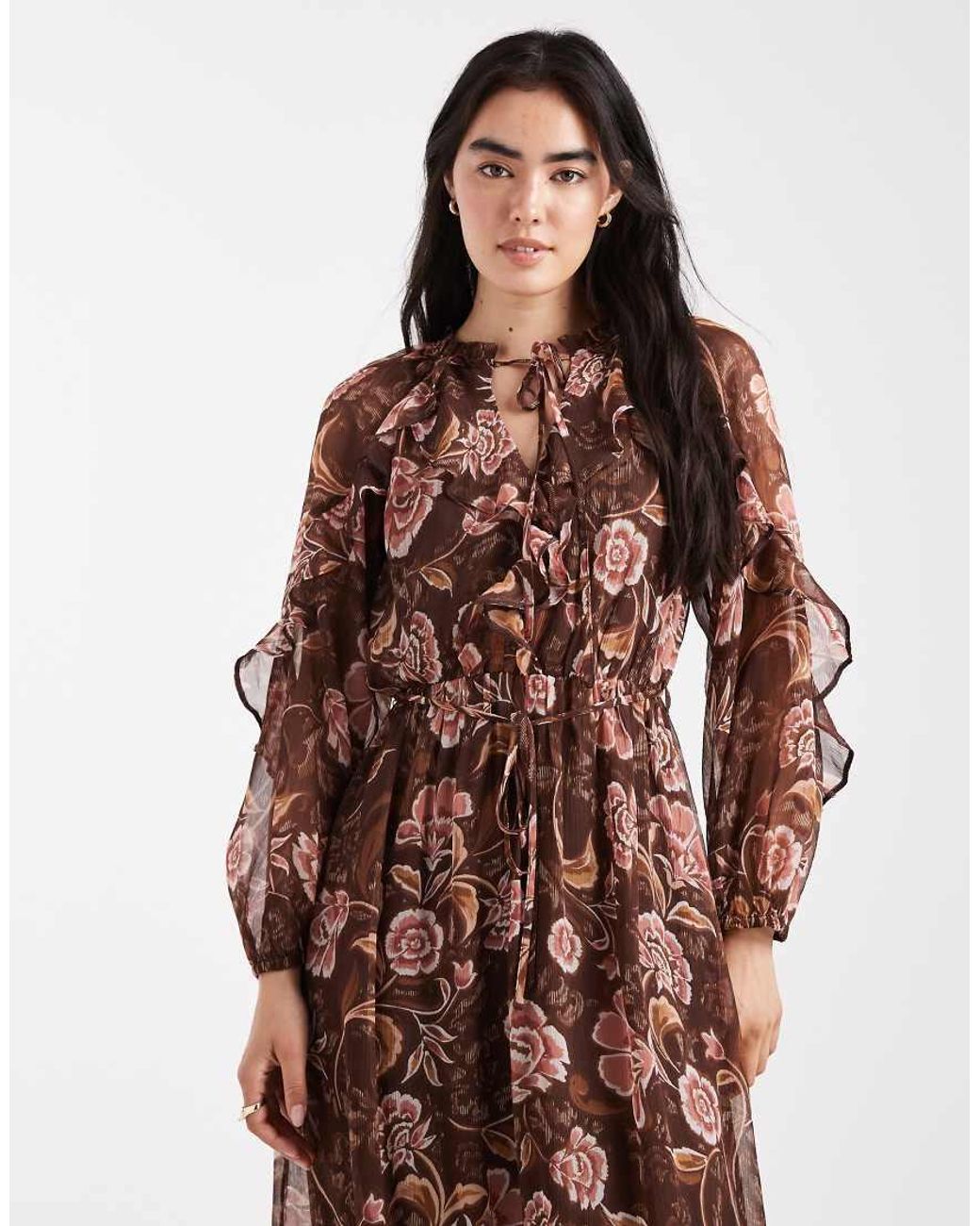 New Look Chiffon Midi Dress in Brown | Lyst UK