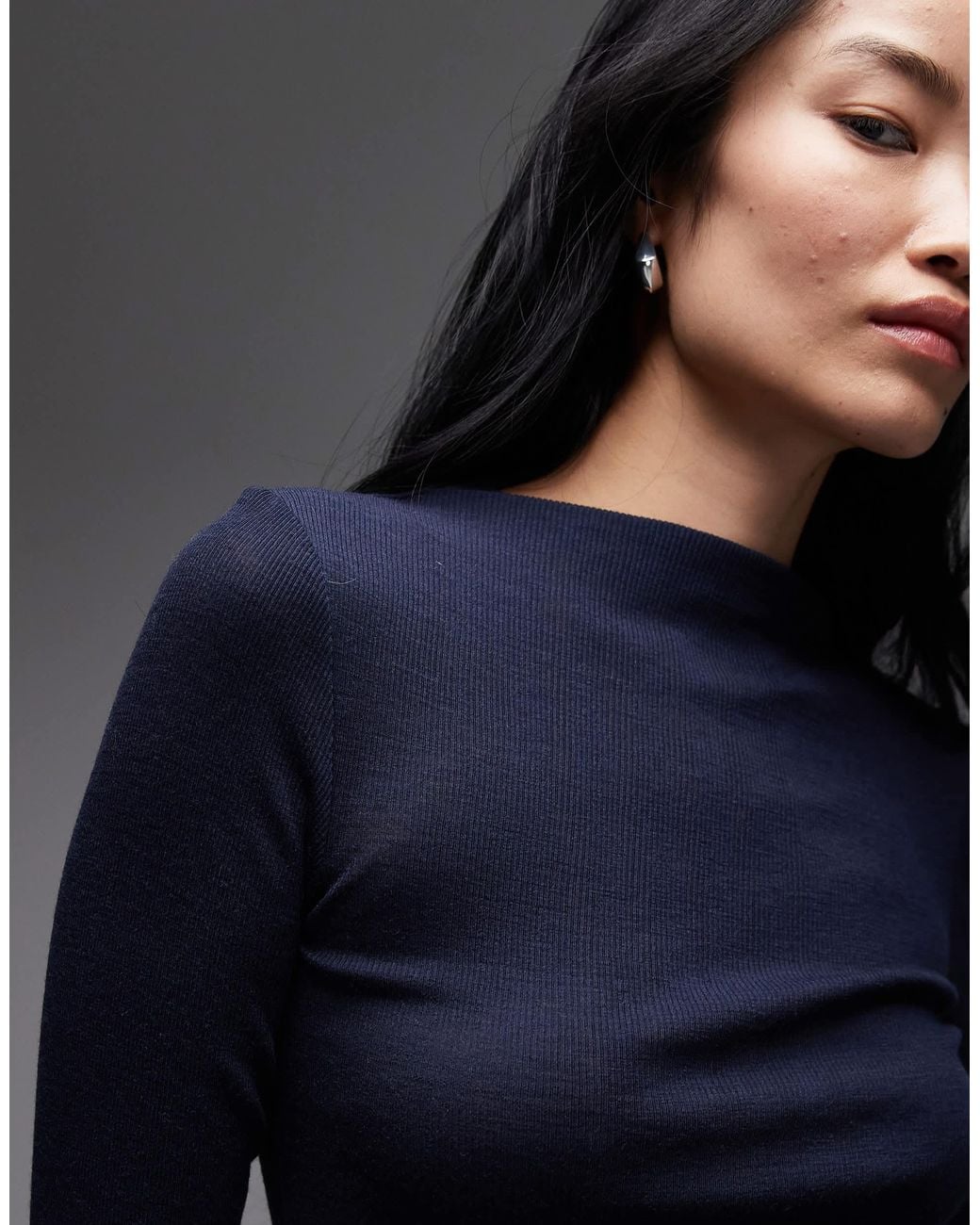ARKET Merino Wool Knitted Semi Sheer Wide Rib Mock Neck Top in Blue | Lyst