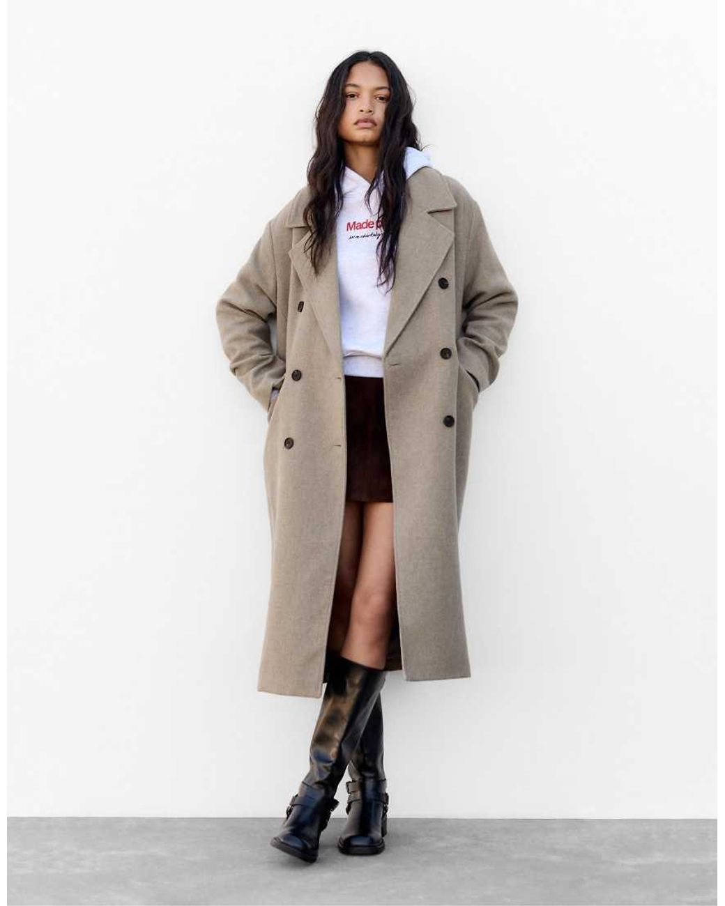 Pull&Bear Long Felt Texture Coat in White | Lyst UK