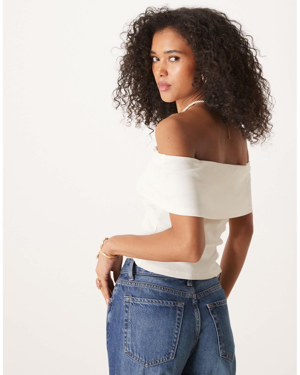 ASOS Fold Over Ribbed Bardot Top in White | Lyst