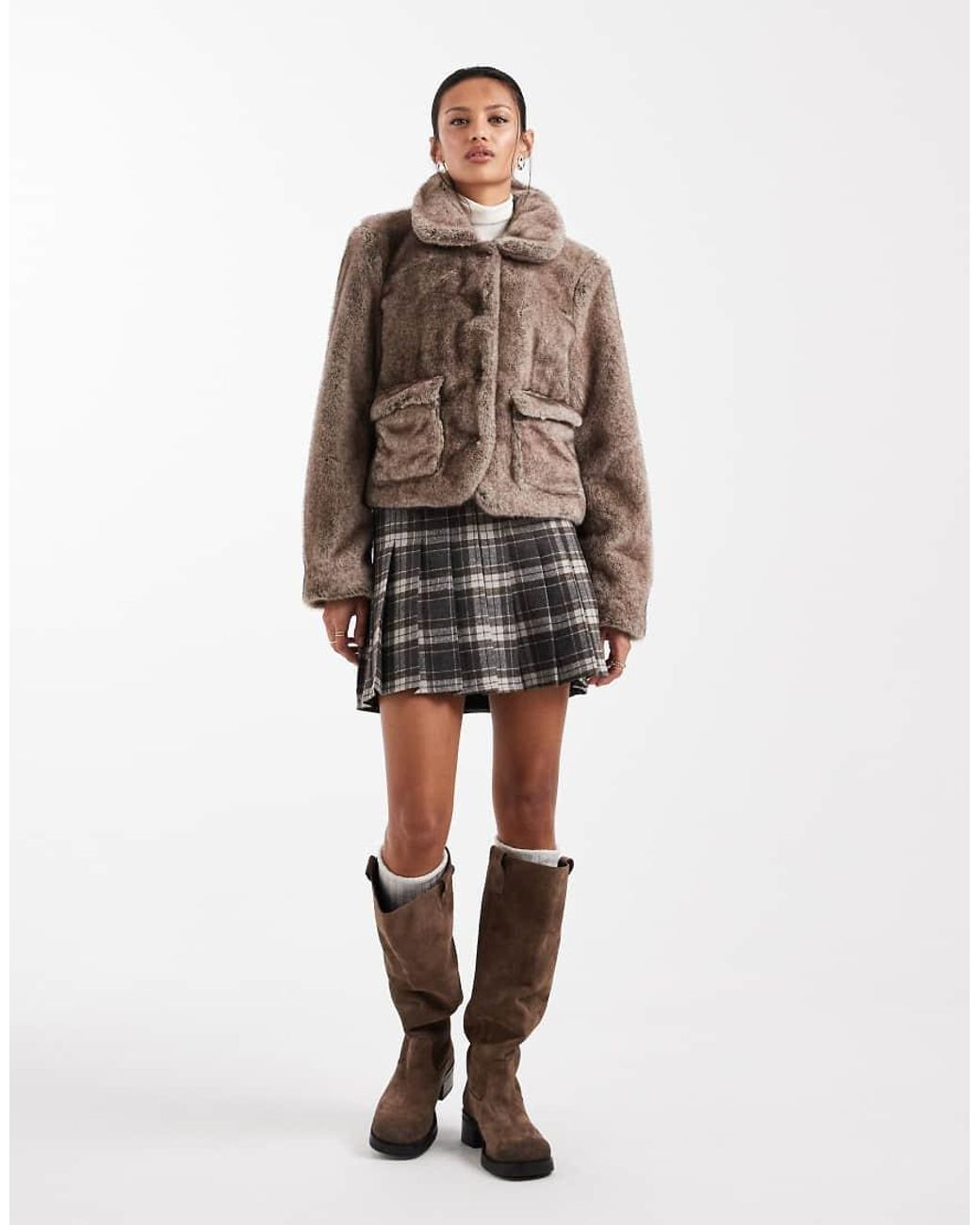 Object Premium Super Soft Faux Fur Cropped Jacket in Brown | Lyst UK