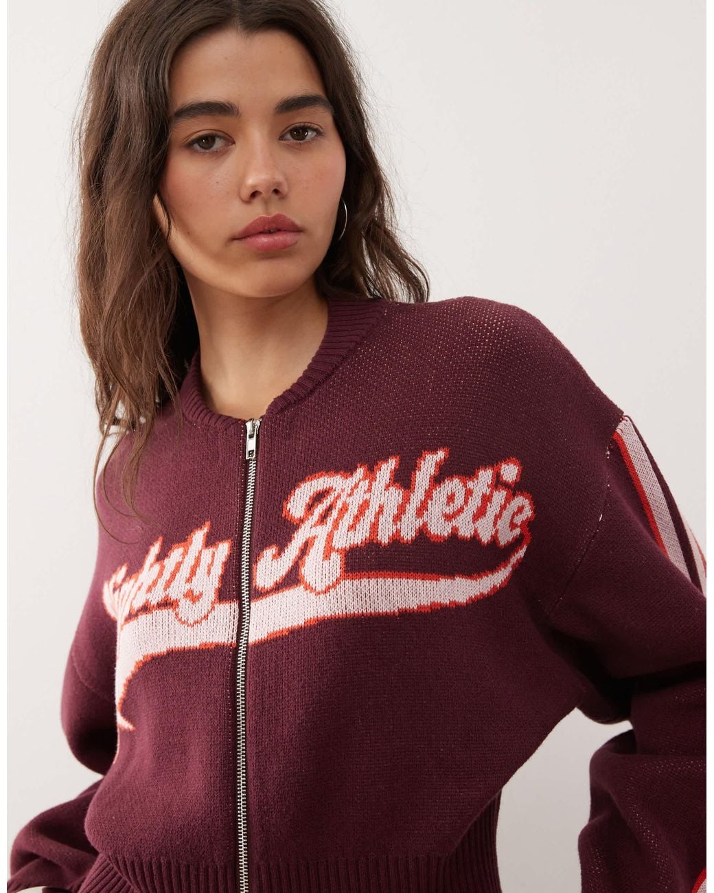 Monki Zip Through Knitted Bomber Cardigan in Red | Lyst