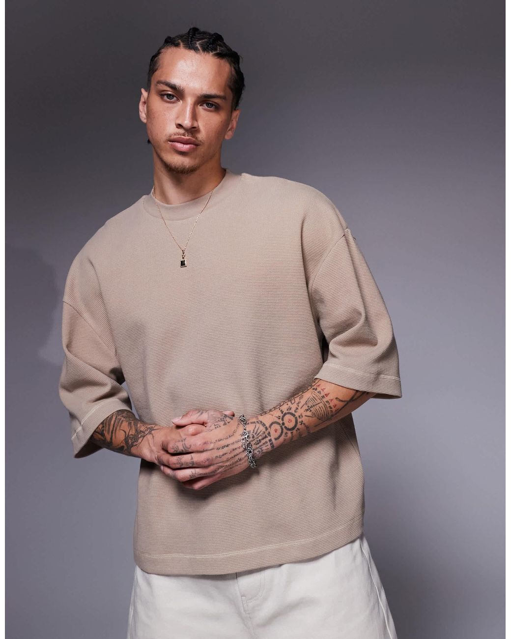 ASOS Oversized Boxy Half Sleeve Waffle T-shirt in Gray for Men | Lyst