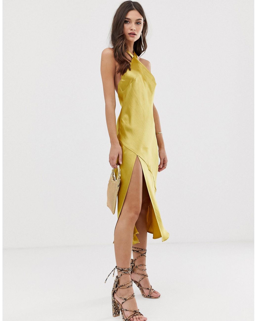 Asos Midi Dress With Halter Neck Detail In High Shine Satin Lyst