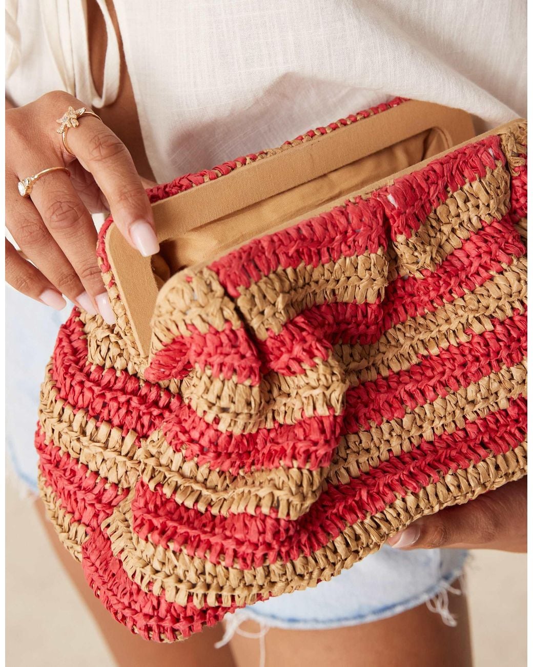 ASOS Straw Crochet Striped Grab Clutch in Red | Lyst