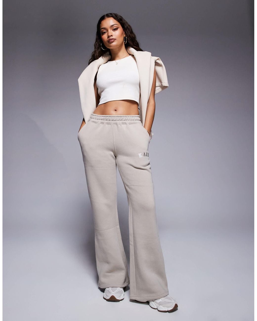 Kaiia Petite Cotton Blend Wide Leg Trackies in Gray | Lyst
