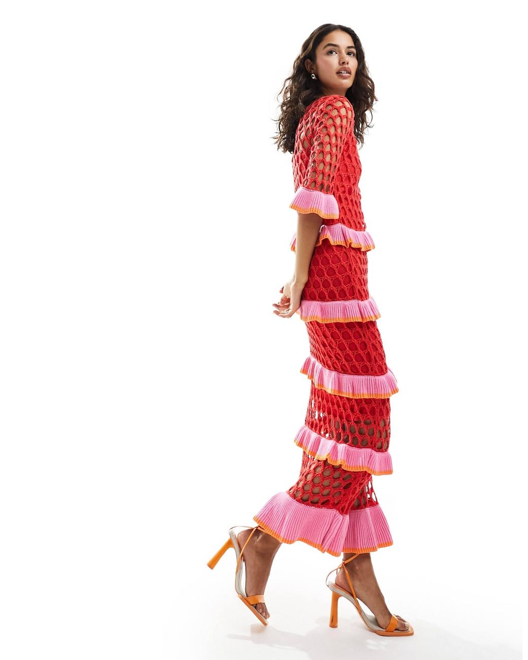 Never Fully Dressed Contrast Crochet Maxi Dress in Red | Lyst