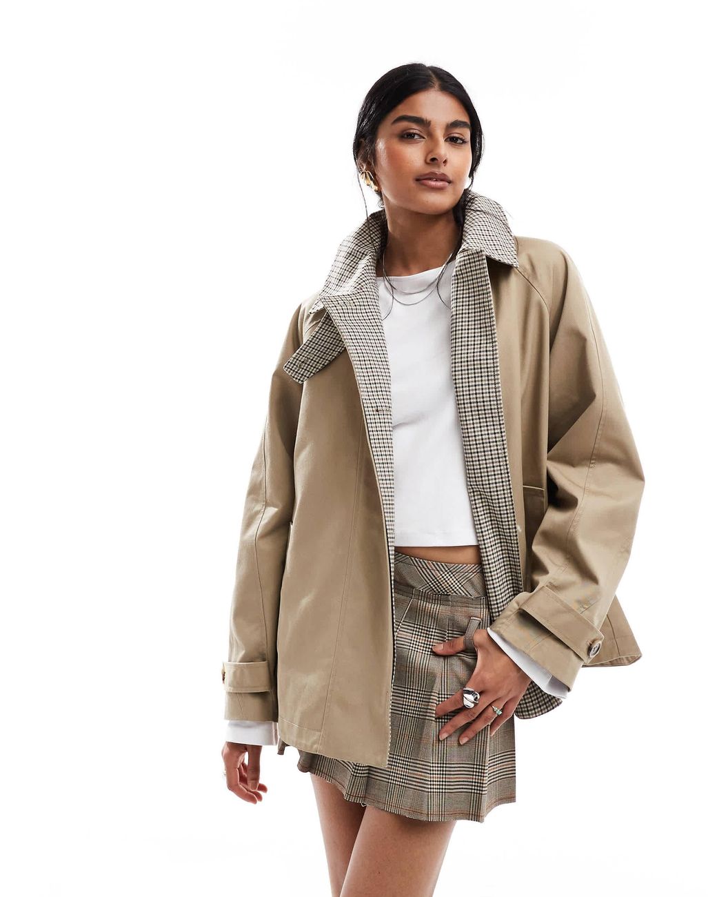 ASOS Oversized Cape Detail Trench With Check Liner in Natural | Lyst