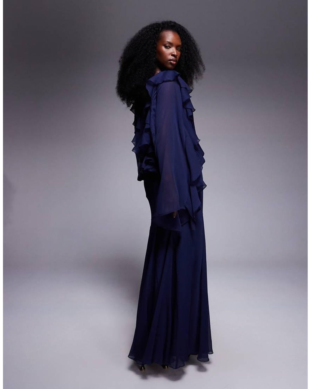 ASOS Slouchy Hip Ruffle Maxi Dress With Godets in Blue | Lyst UK