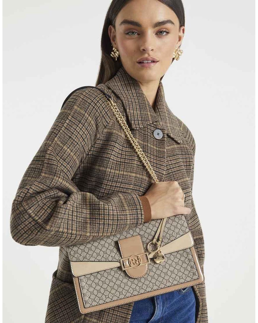 River Island Monogram Print Shoulder Bag in Brown | Lyst UK