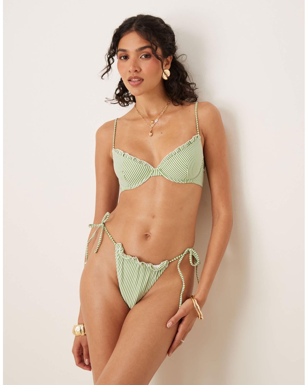 ASOS Anna Seersucker Tie Side Bikini Bottoms in Green | Lyst