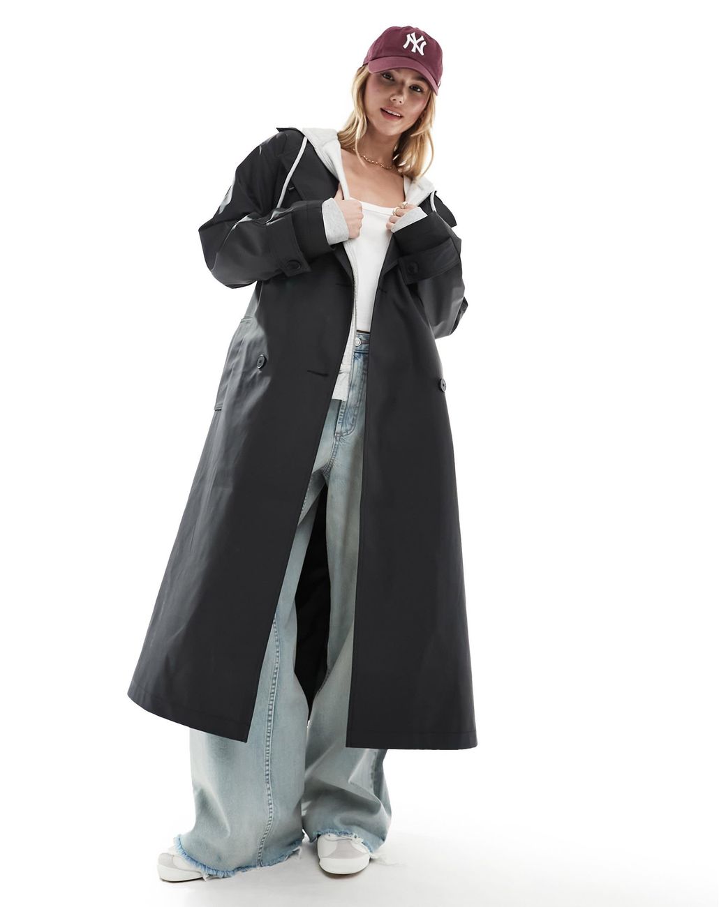 ASOS Rubberised Rain Hooded Trench Coat With Belt Detail in Black | Lyst