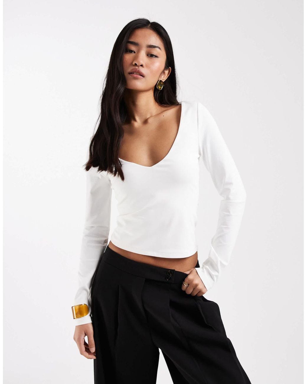 ASOS Polyamide Slinky Deep V-neck Top -white | Lyst