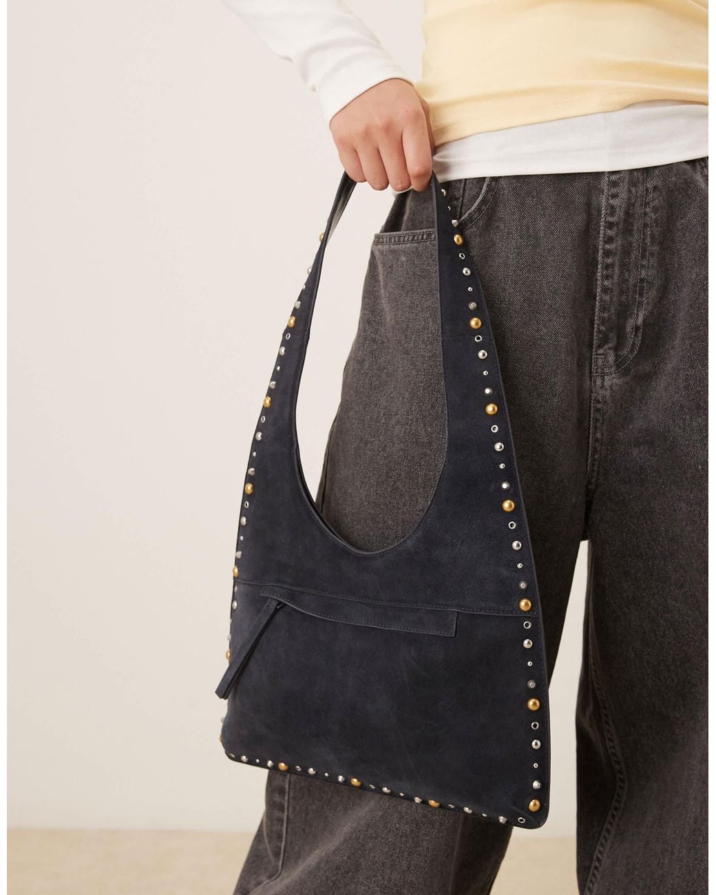 Mango Slouchy Suede Studded Shoulder Bag in Blue | Lyst