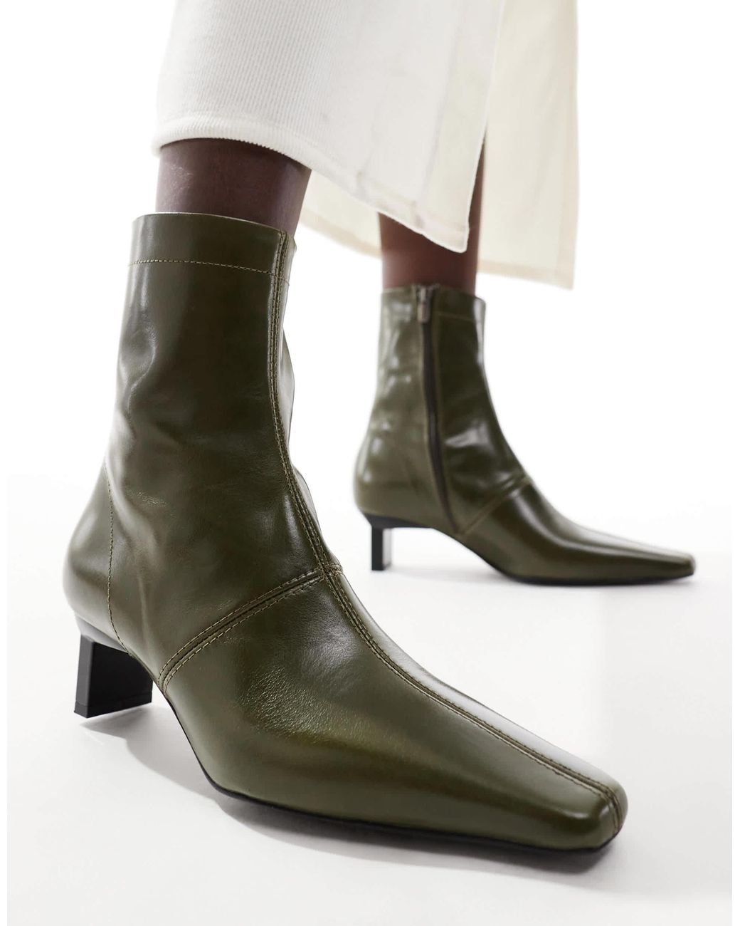 ASOS Rise Premium Leather Boots With Metal Heel Detail in Green | Lyst