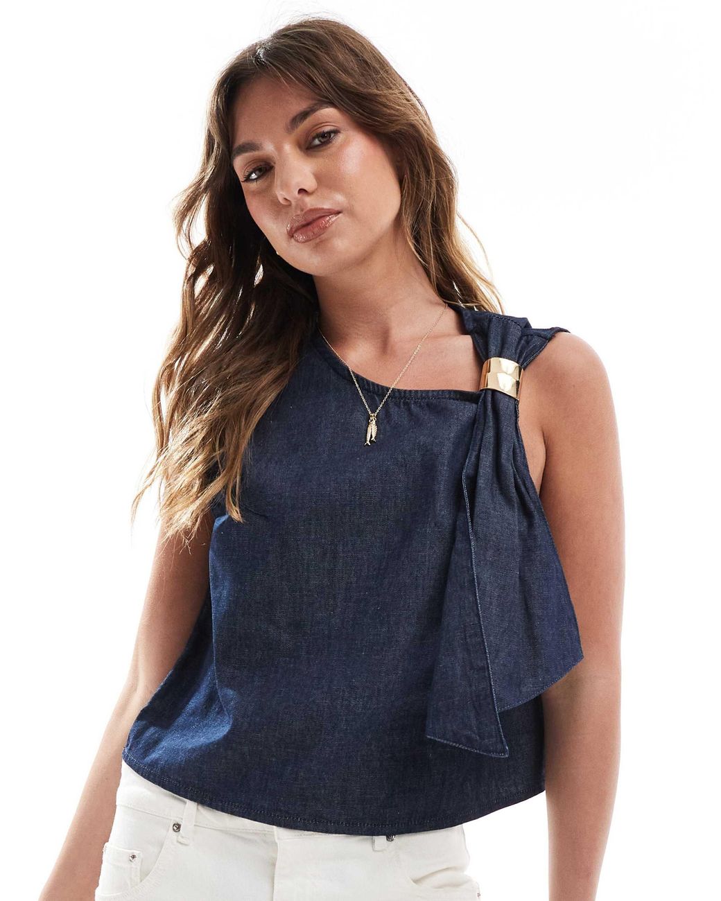ASOS Denim Top With Asymmetric Neck And Gold Hardware in Blue | Lyst