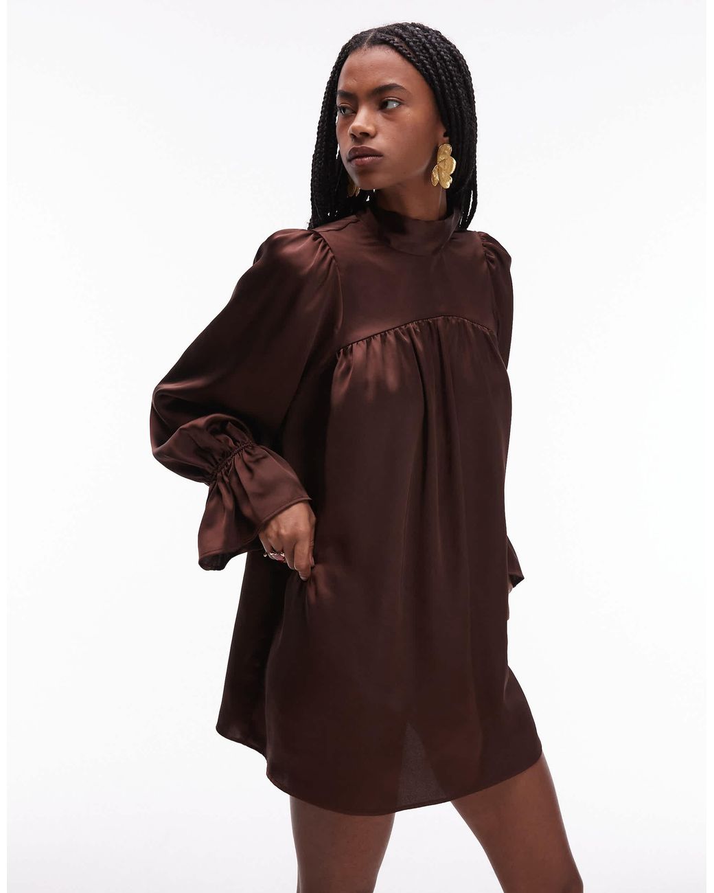 ASOS Satin High Neck Blouson Sleeve Mini Dress in Brown | Lyst
