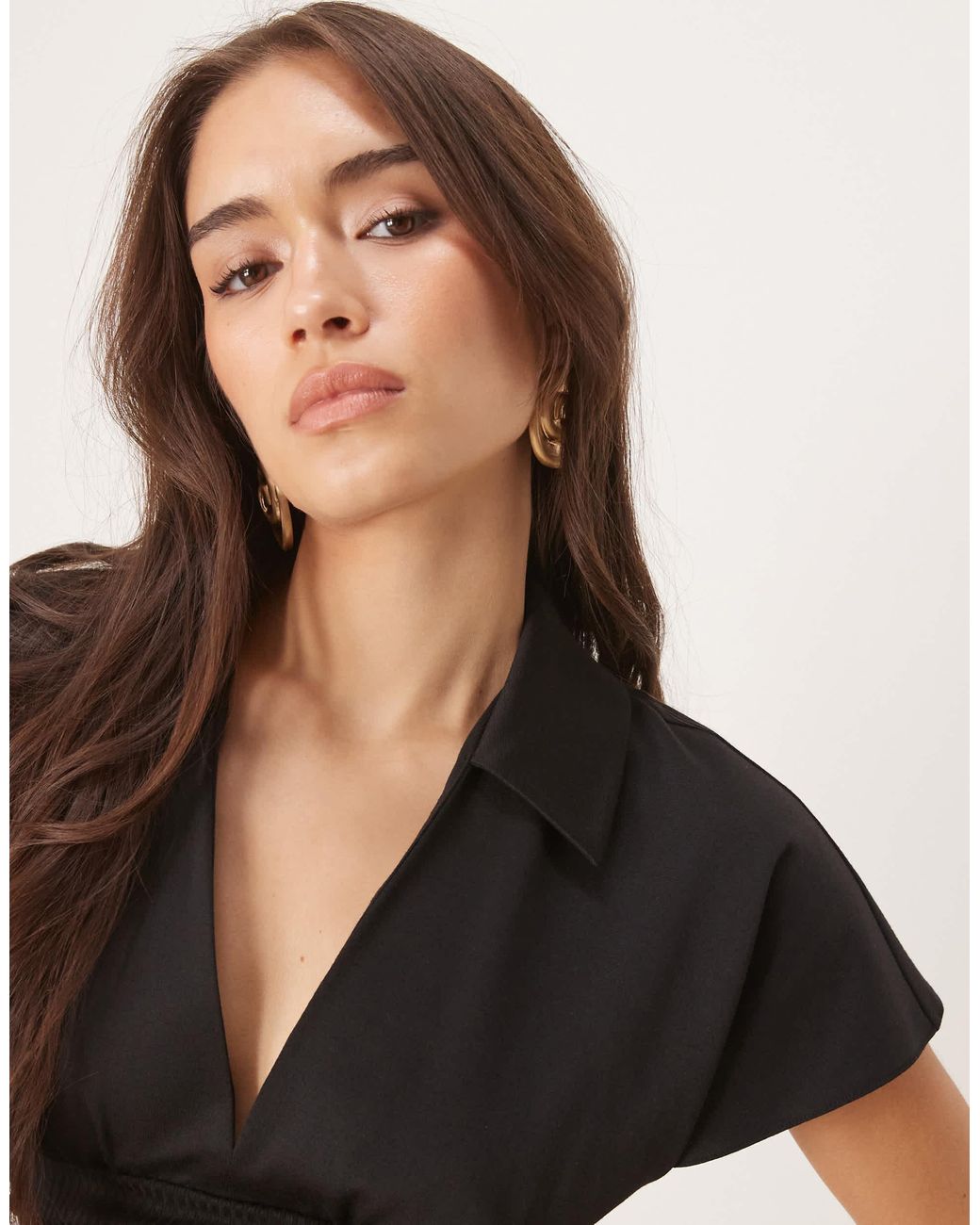 ASOS Short Sleeve Collared Midi Dress With Ribbed Waist Mix in Natural ...