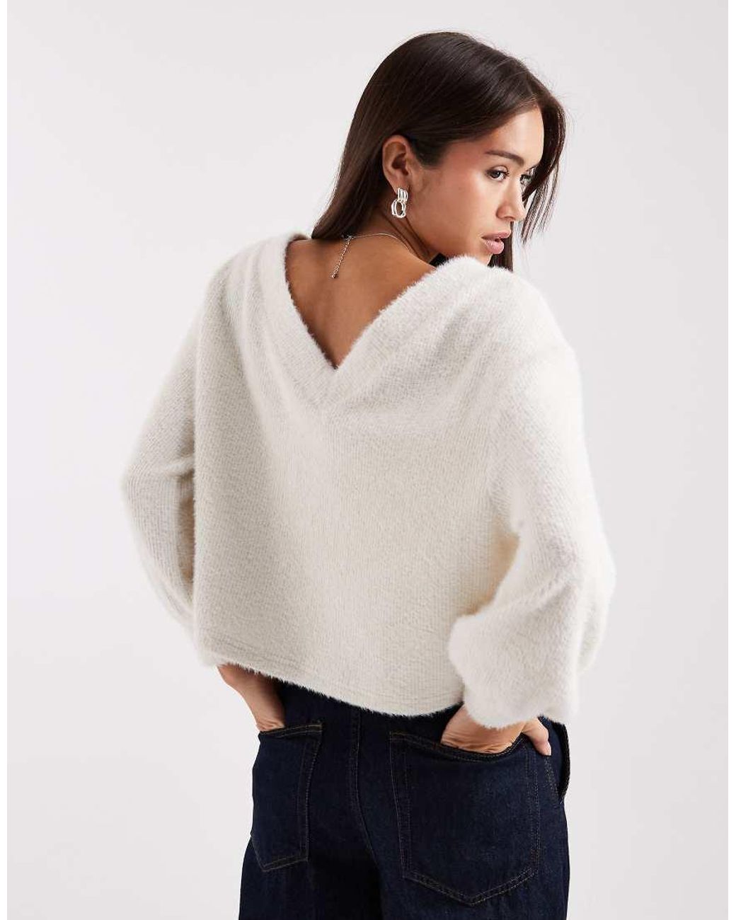 Miss Selfridge Fluffy Off The Shoulder Slouchy Sweat in White | Lyst UK