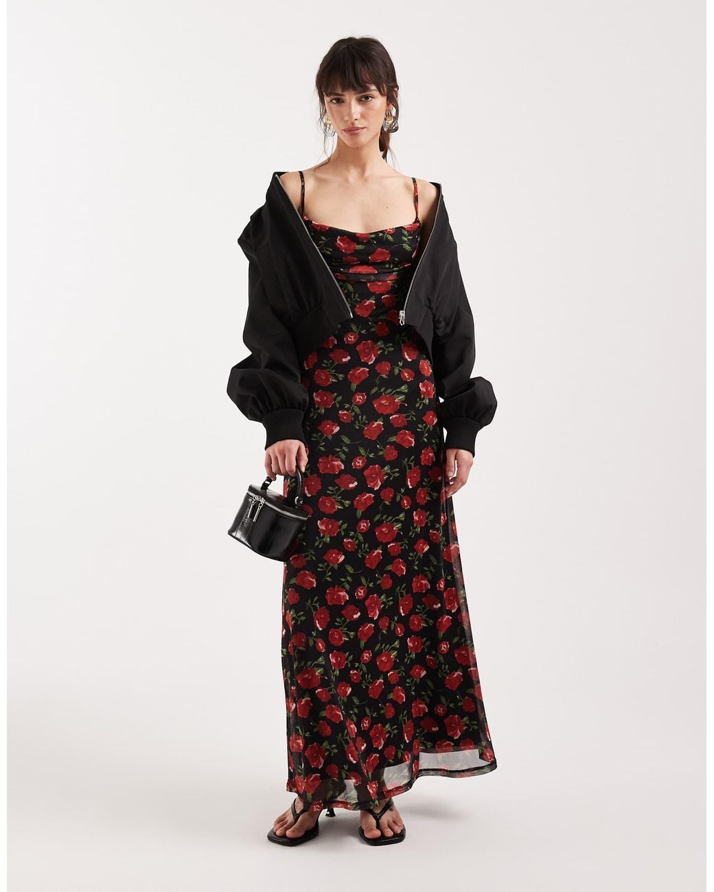 Gina Tricot Strappy Mesh Cowl Neck Maxi Dress in Black | Lyst
