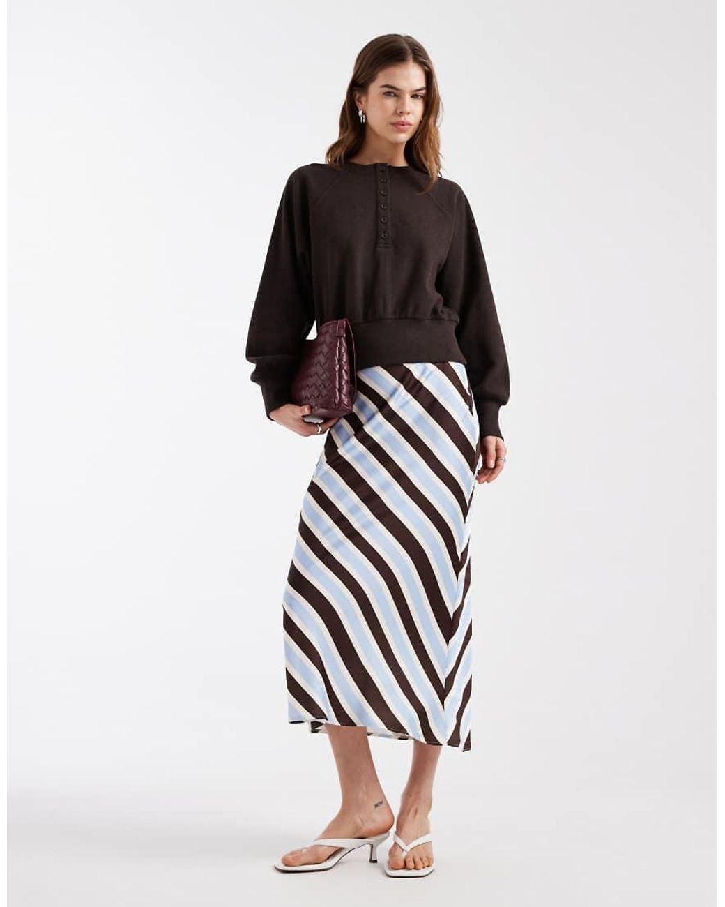 New Look Stripe Satin Bias Midi Skirt in Black | Lyst UK