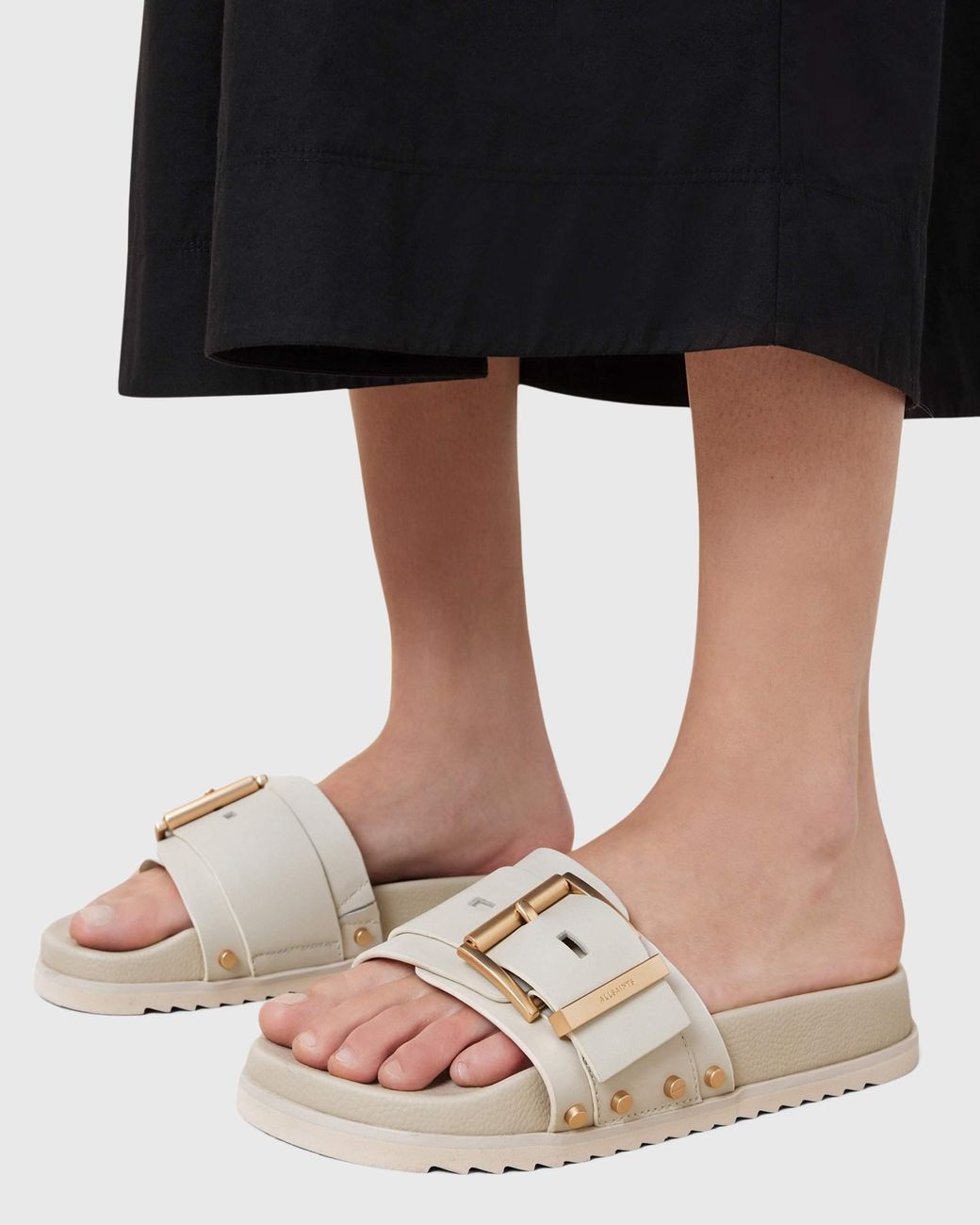 AllSaints Ellie Studded Leather Sliders in Black | Lyst