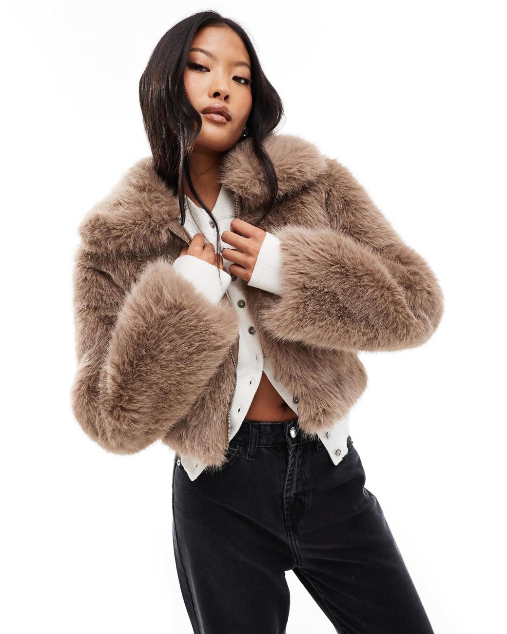 ASOS Asos Design Petite Faux Fur Bomber Jacket in Brown | Lyst