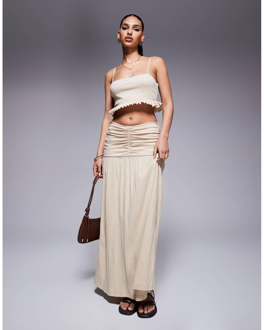 ASOS Crinkle Drop Waist Maxi Skirt in Natural | Lyst