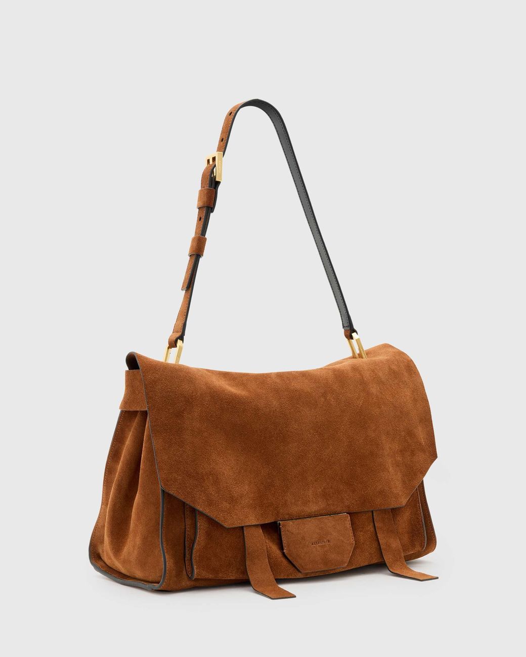 AllSaints Ursa Suede Satchel Bag in Brown | Lyst