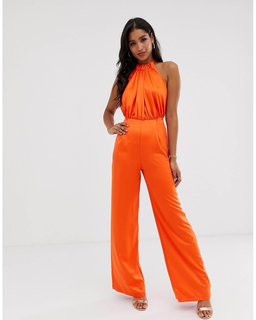 ASOS Satin Halter Open Back Jumpsuit in Orange | Lyst