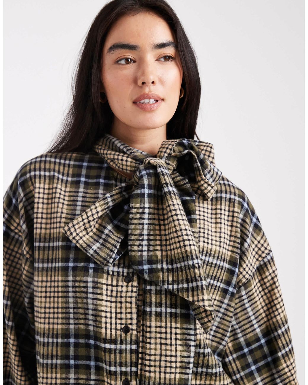 ASOS Bow Neck Oversized Shirt in Brown | Lyst