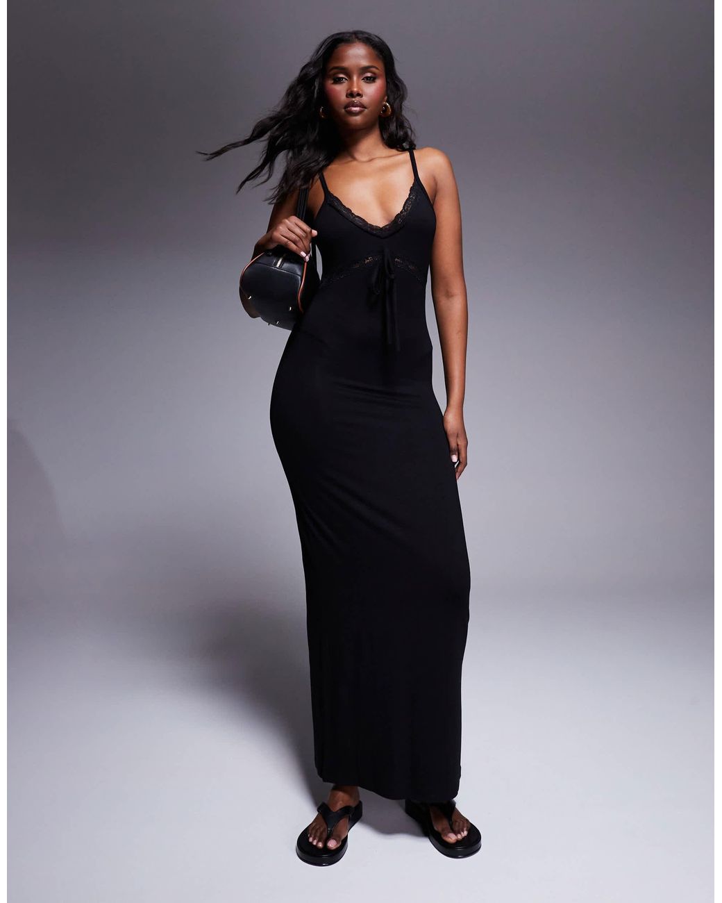 ASOS Rib Cami Maxi Dress With Lace Trim in Blue | Lyst