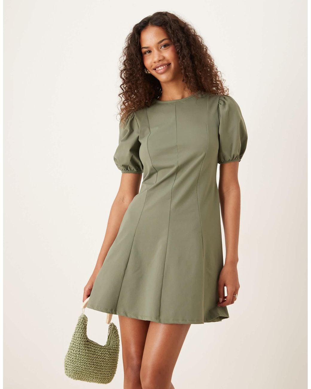 ASOS Puff Sleeve Seam Detail Mini Dress in Green | Lyst