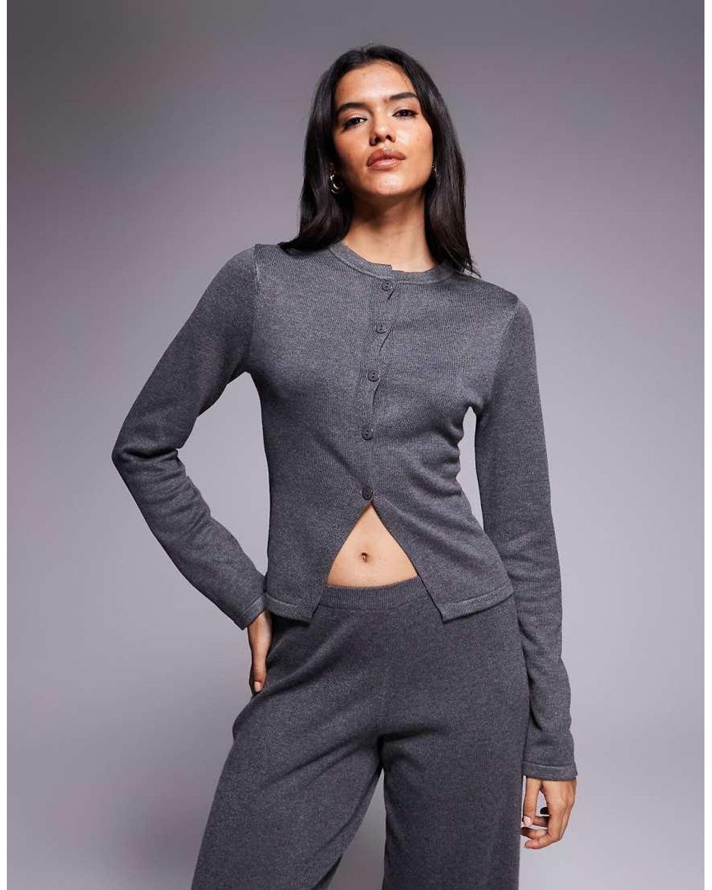 Kaiia Exclusive Button-through Split Front Long Sleeve Cardigan in Grey ...