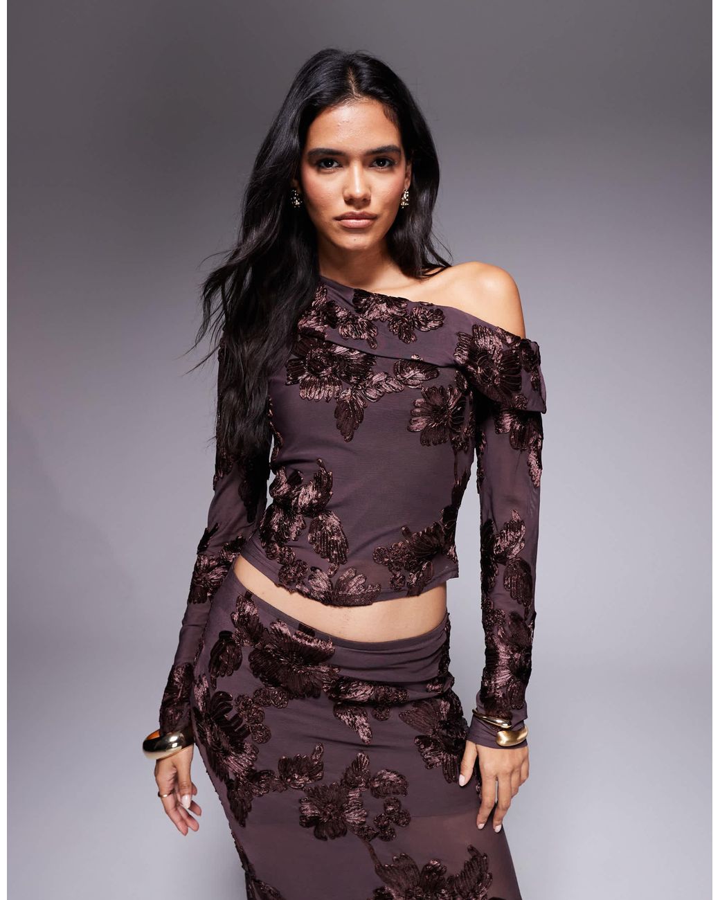 Kaiia Exclusive Textured Floral Asymmetric Fallen Shoulder Long Sleeve ...