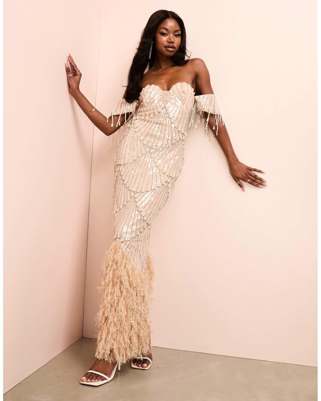 ASOS Off-shoulder Plunge Neck Pearl Embellished Maxi Dress With Faux Feather Details in Natural ...